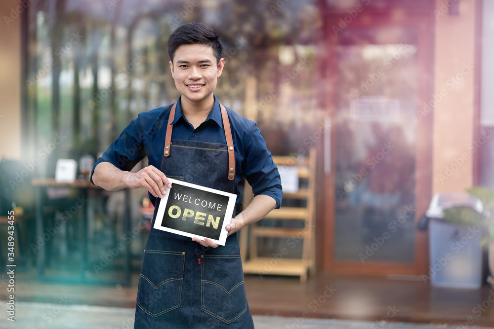 Asian small business owner hands holding and showing with Welcome Open ...