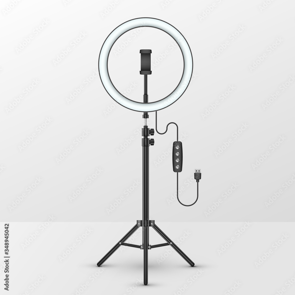 Studio lamp light ring, selfie photo camera stick Stock Vector | Adobe ...