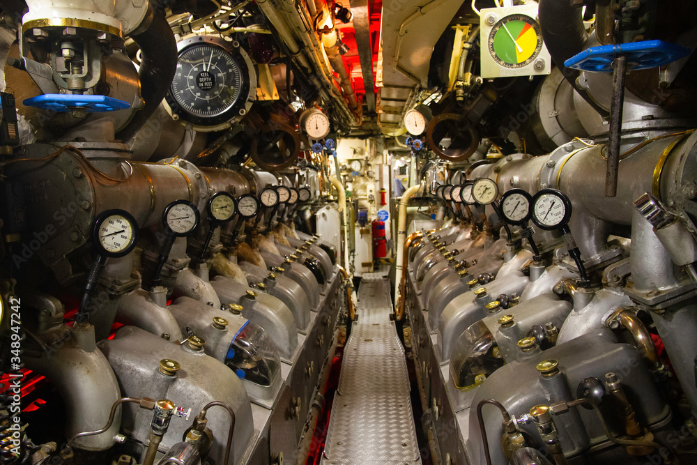 Naklejka Inside submarine engine room with diesel engine. Military ...