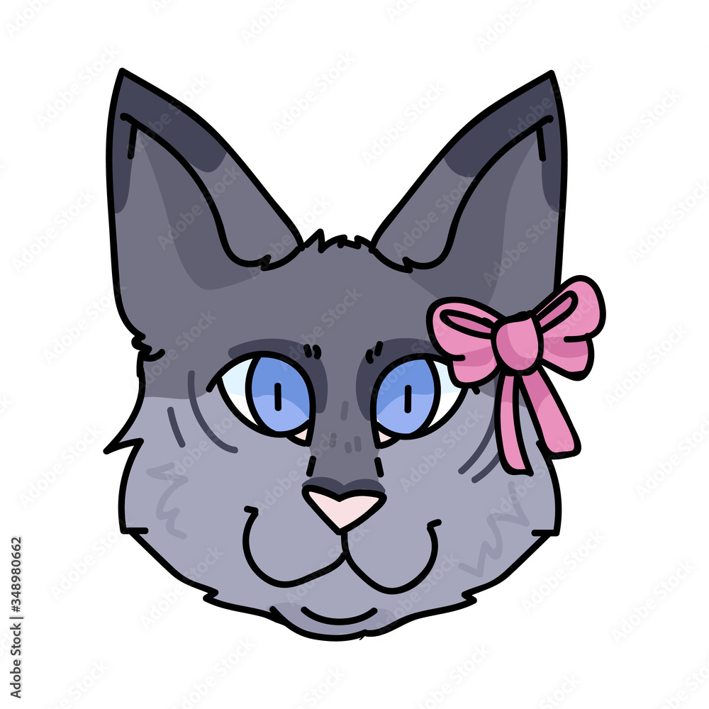 Cute cartoon munchkin cat face with pink bow vector clipart. Pedigree ...