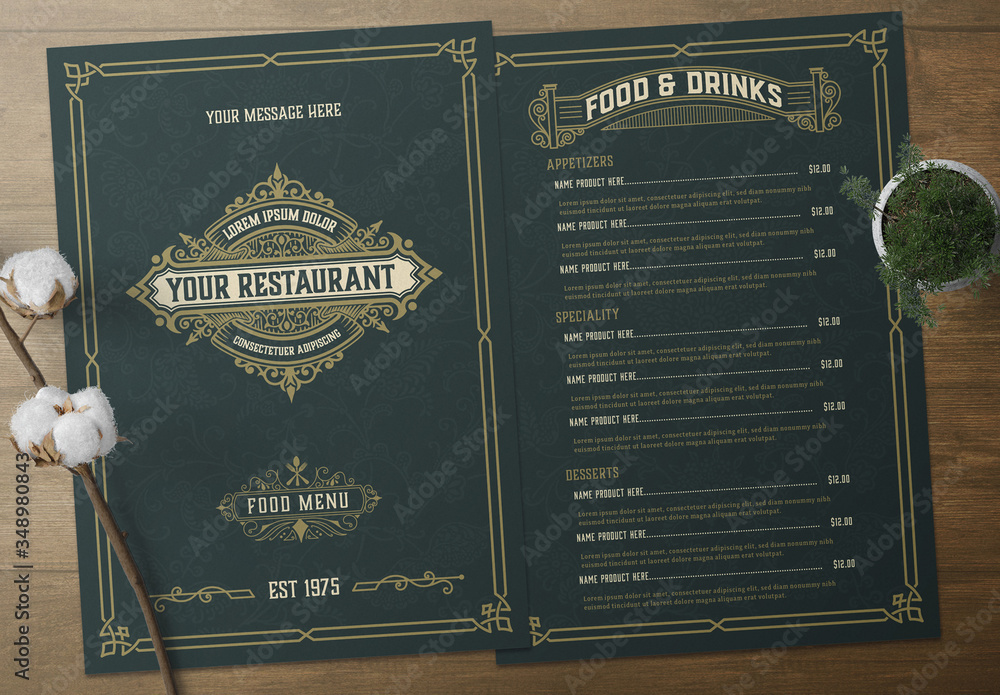 Restaurant Menu Layout with Ornamental Elements Stock Template | Adobe ...