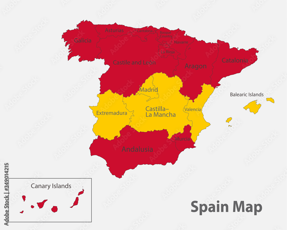 Map of the Spain in the colors of the flag with administrative ...