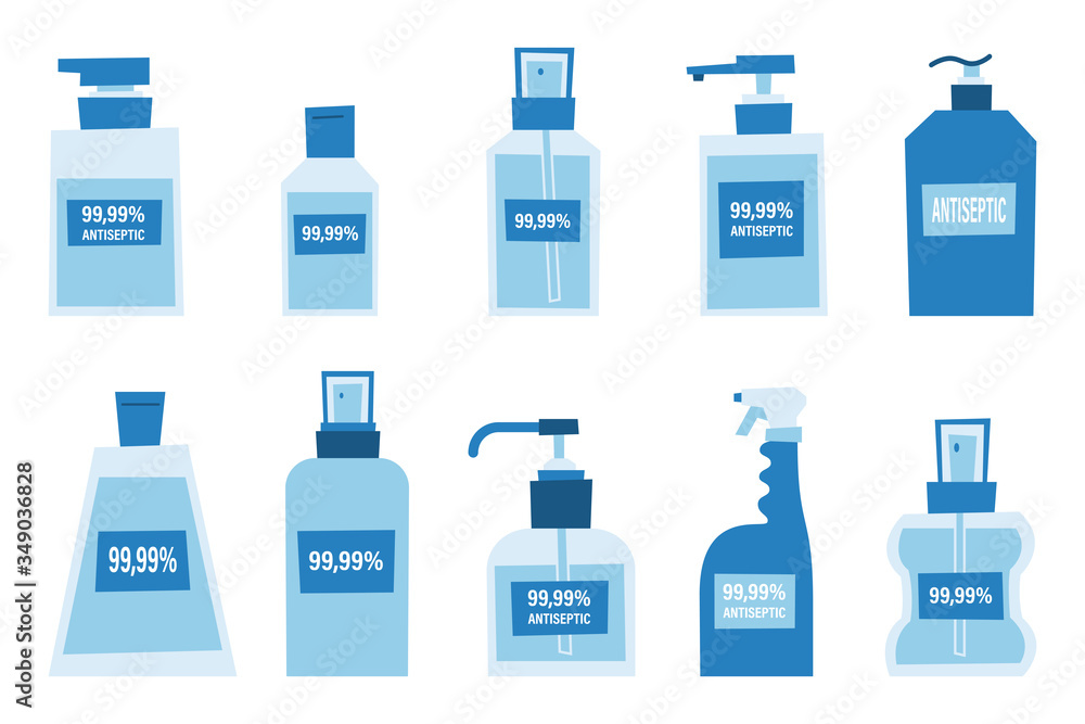 Antiseptic bottles illustration. Antiseptic dispenser and sprey. Defend ...
