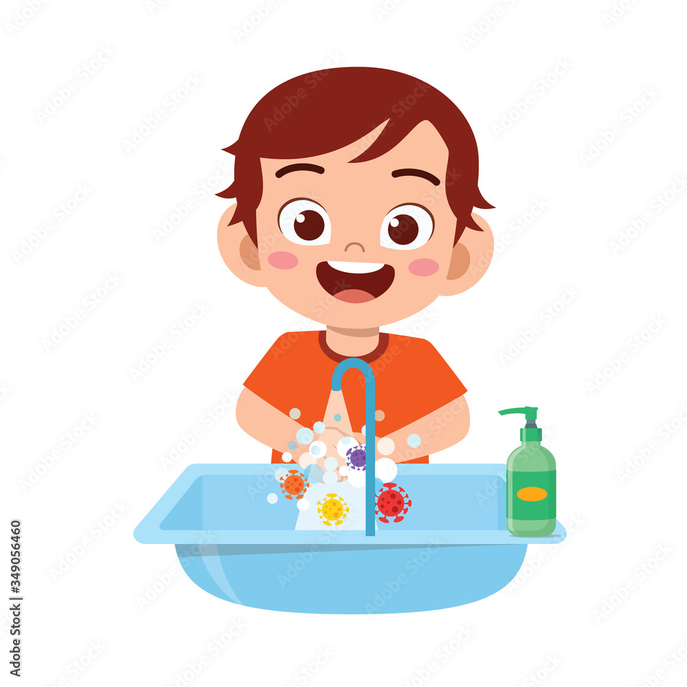 happy cute little kid boy wash hand in sink Stock Vector | Adobe Stock