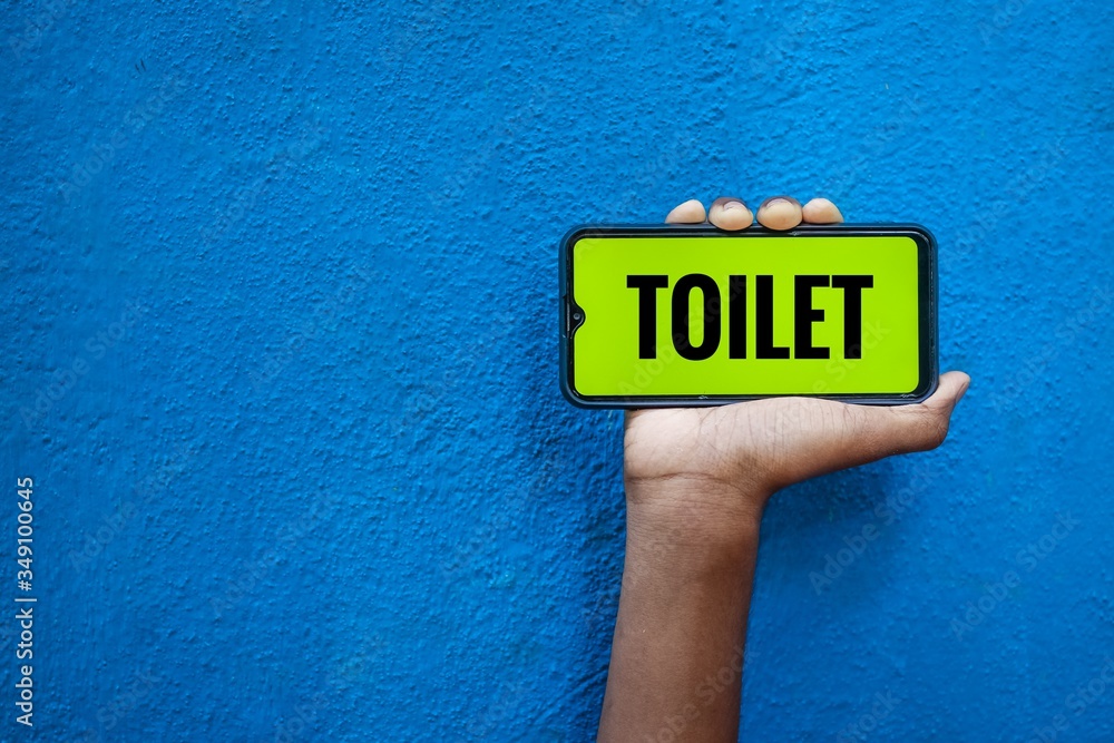 TOILET wording on smart phone screen isolated on blue background with ...