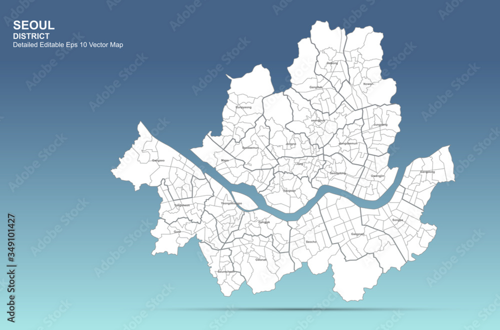 Seoul district detailed vector map. vector map of seoul city, south ...