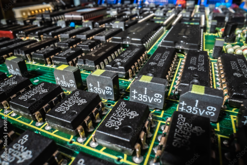 Extreme detailed view of printed circuit board and its components in ...