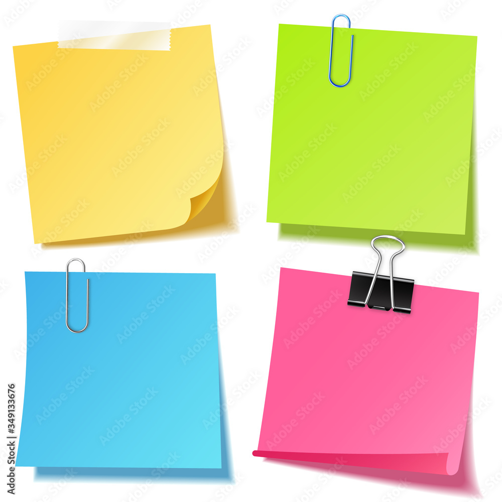 Realistic colorful blank sticky notes with clip binder. Colored sheets ...