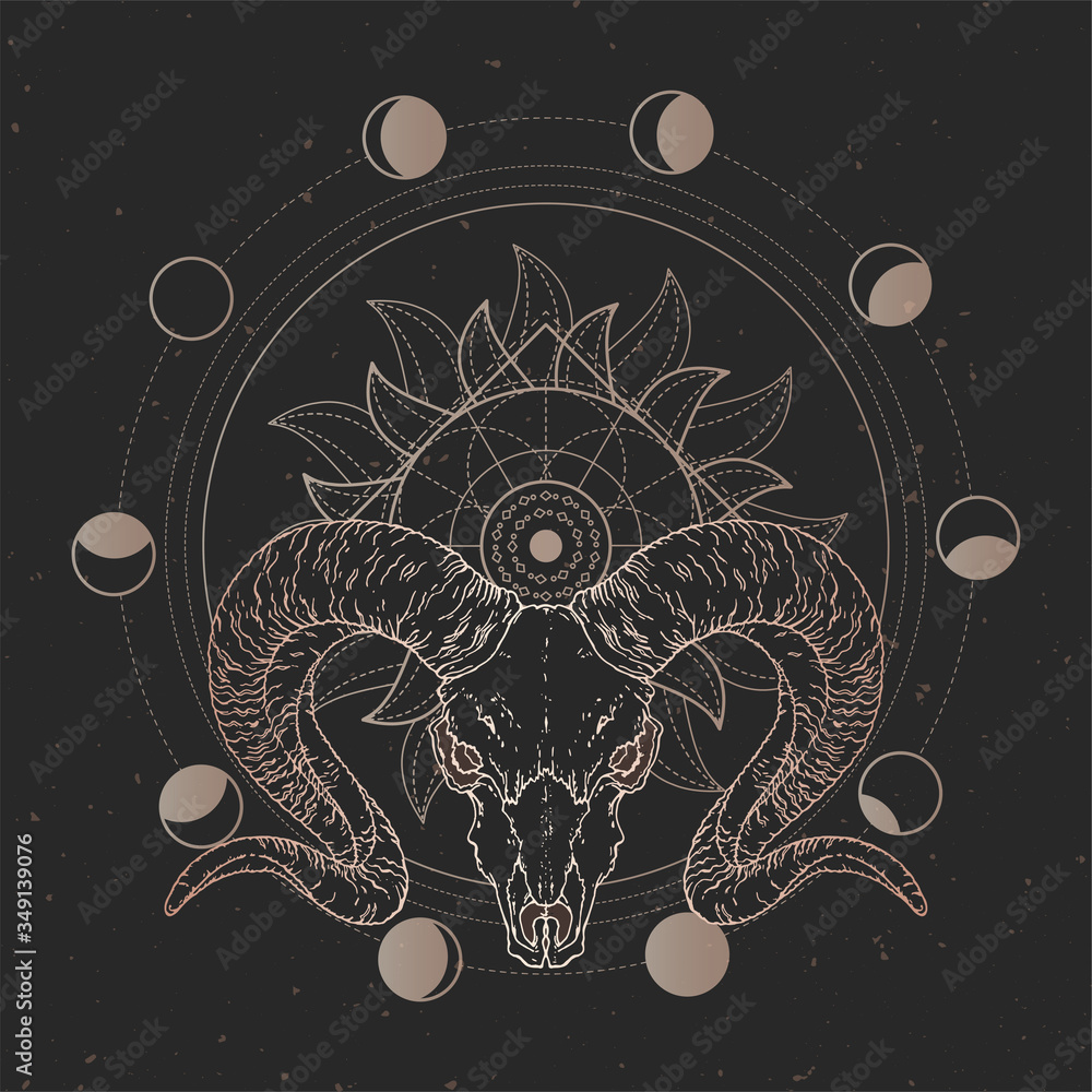 Vector illustration with hand drawn Wild ram skull and Sacred geometric ...