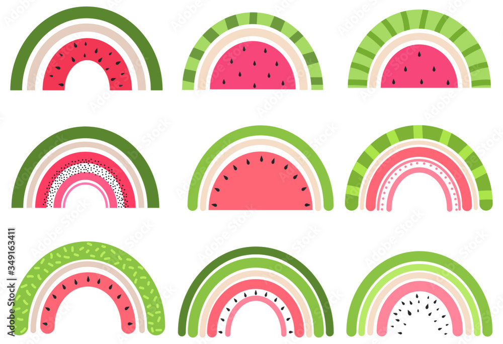Set of cute rainbows in cartoon style. Collection of rainbow watermelon ...