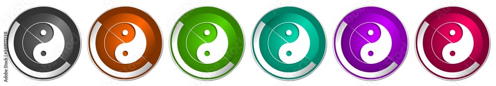 Ying yang icon set, silver metallic chrome border vector web buttons in ...