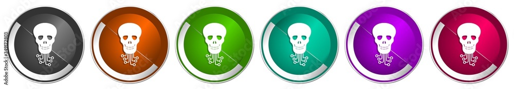 Hack icon set, virus, circuit, skull, hacker silver metallic chrome ...