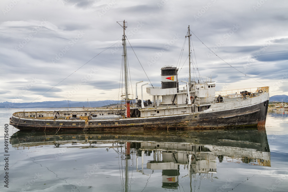 The wreck of the Saint Christopher aground in the harbor of Ushuaia ...