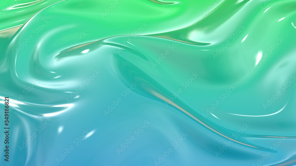 3D render beautiful folds of light glossy blue green color gradient in ...