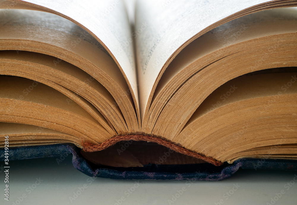 An old book with yellowed pages is open. The spine of the book and part ...