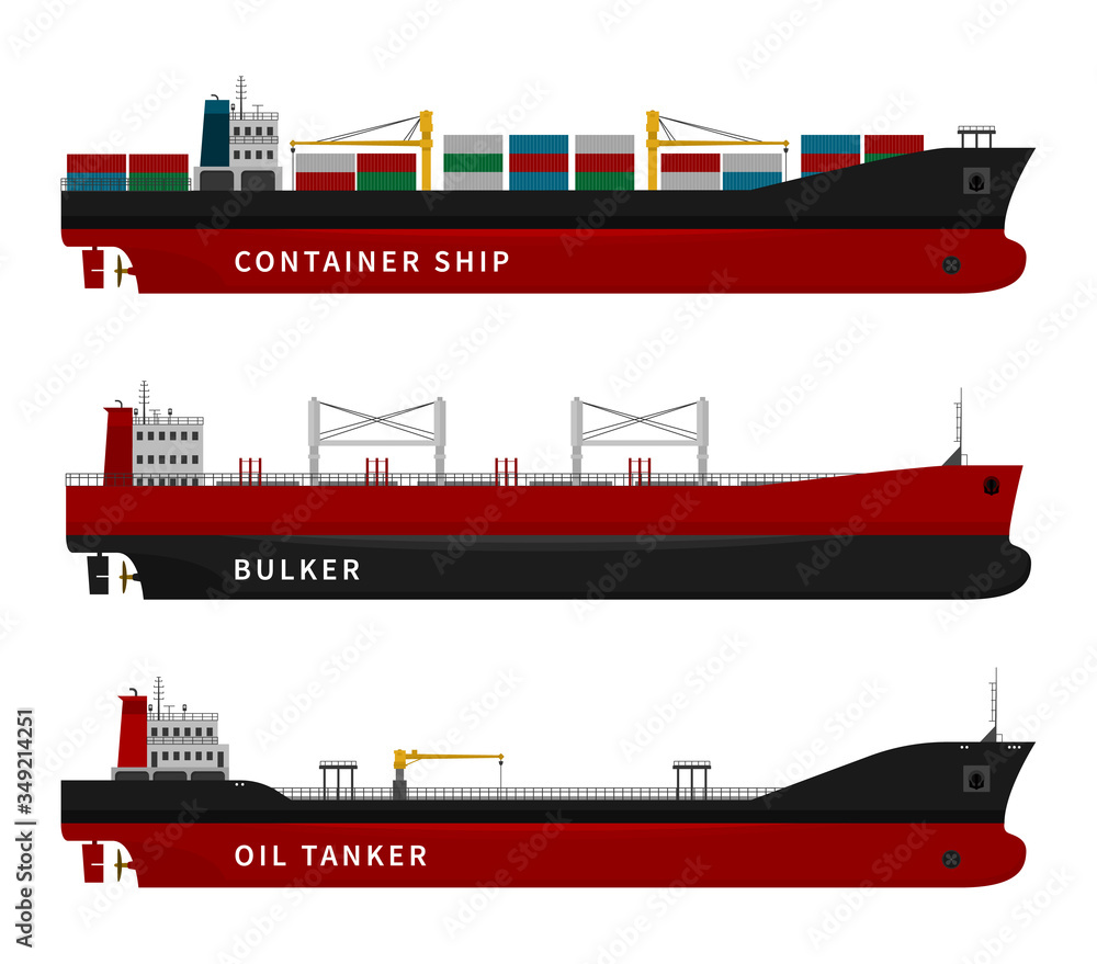 Black red oil tanker, container ship, bulker isolated. Vector ...