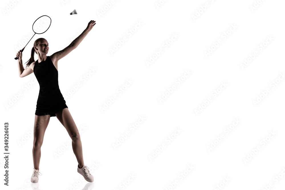 Pretty woman playing badminton over white background Stock Photo ...