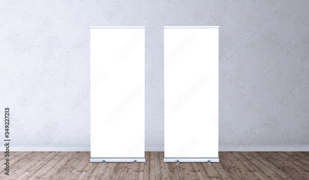 Empty rollup banners stand. Blank template mockups. Exhibition stand ...