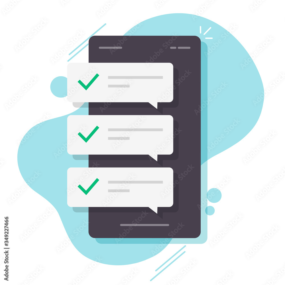 Message bubble notifications with check marks on mobile phone or ...