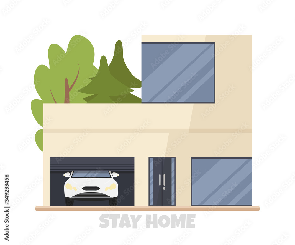 Vector illustration of modern big cottage house with car in garage ...