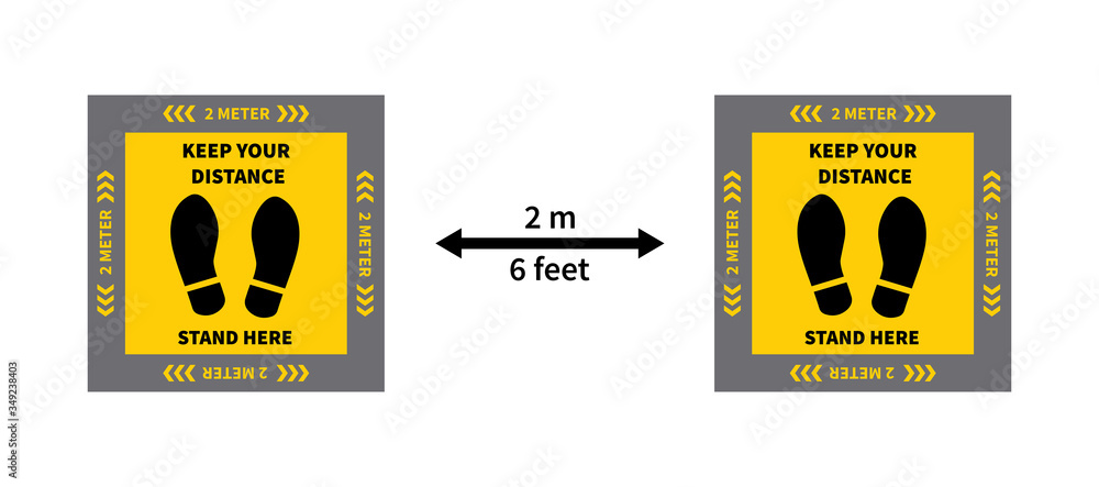 Social distancing. Footprint sign for stand in supermarket. Keep the 2 ...