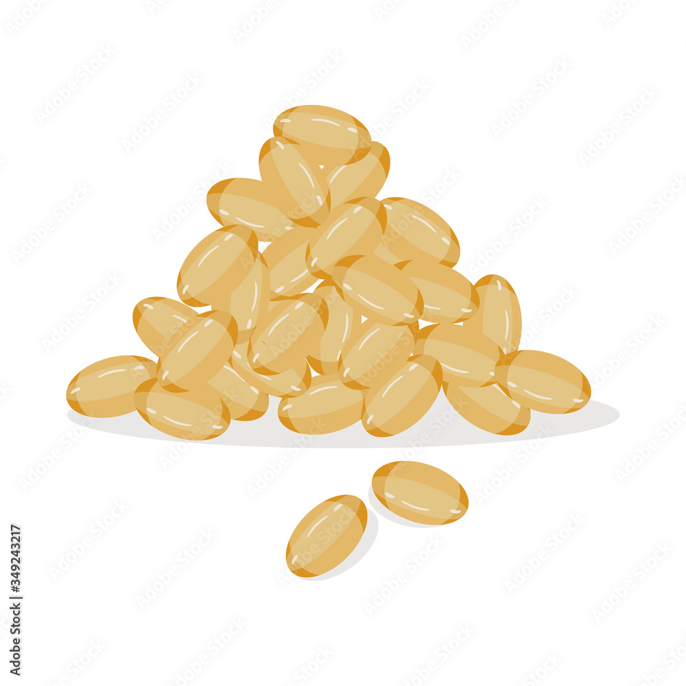 Vitamins E, D, Gel pill, fish oil. Cartoon vector stock icon in flat ...