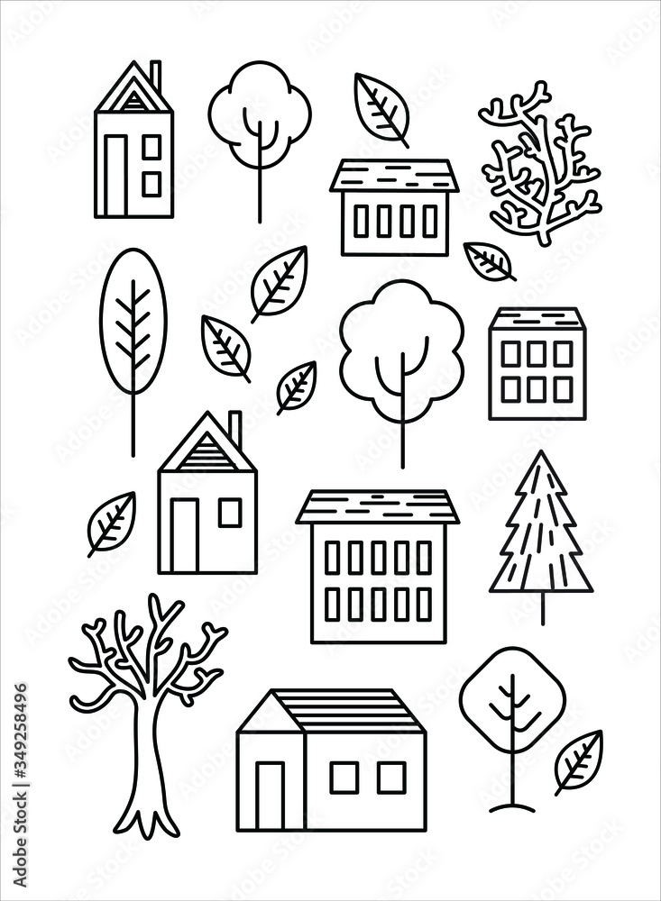 vector houses and trees, line art illustrations isolated buildings and ...