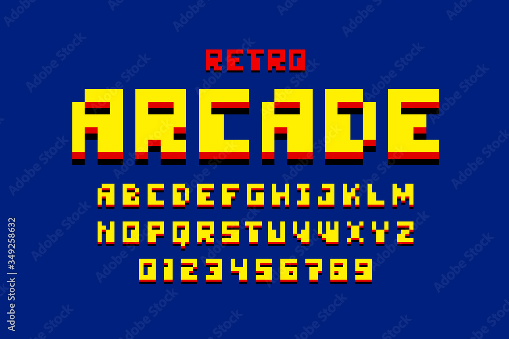 Pixel retro arcade game style font, 80s alphabet, letters and numbers ...