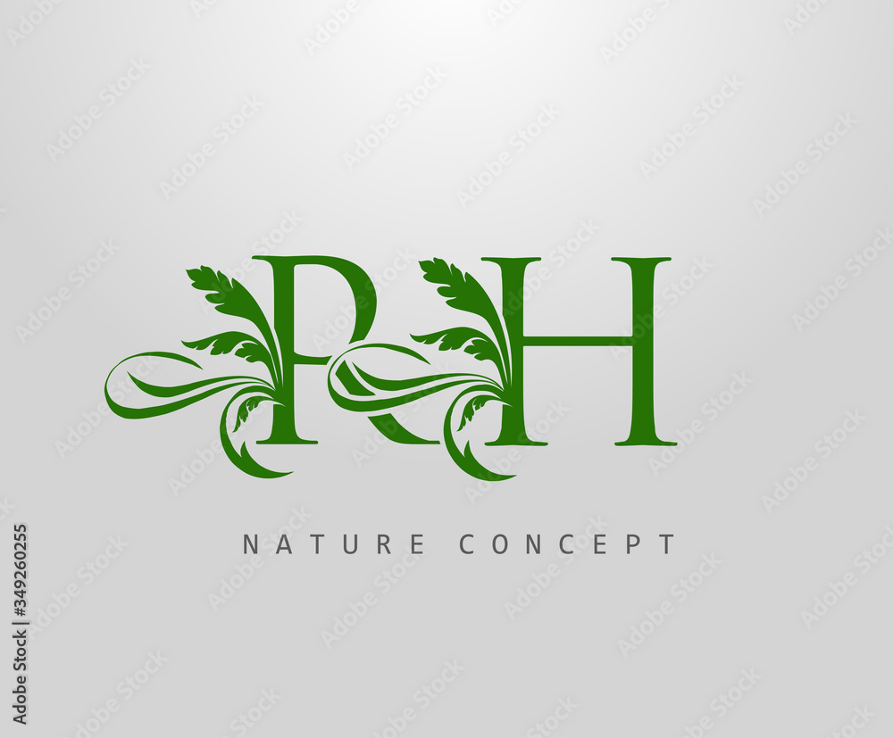 Letter R, H and RH Green Leaf Logo Design. monogram logo. Simple Swirl ...