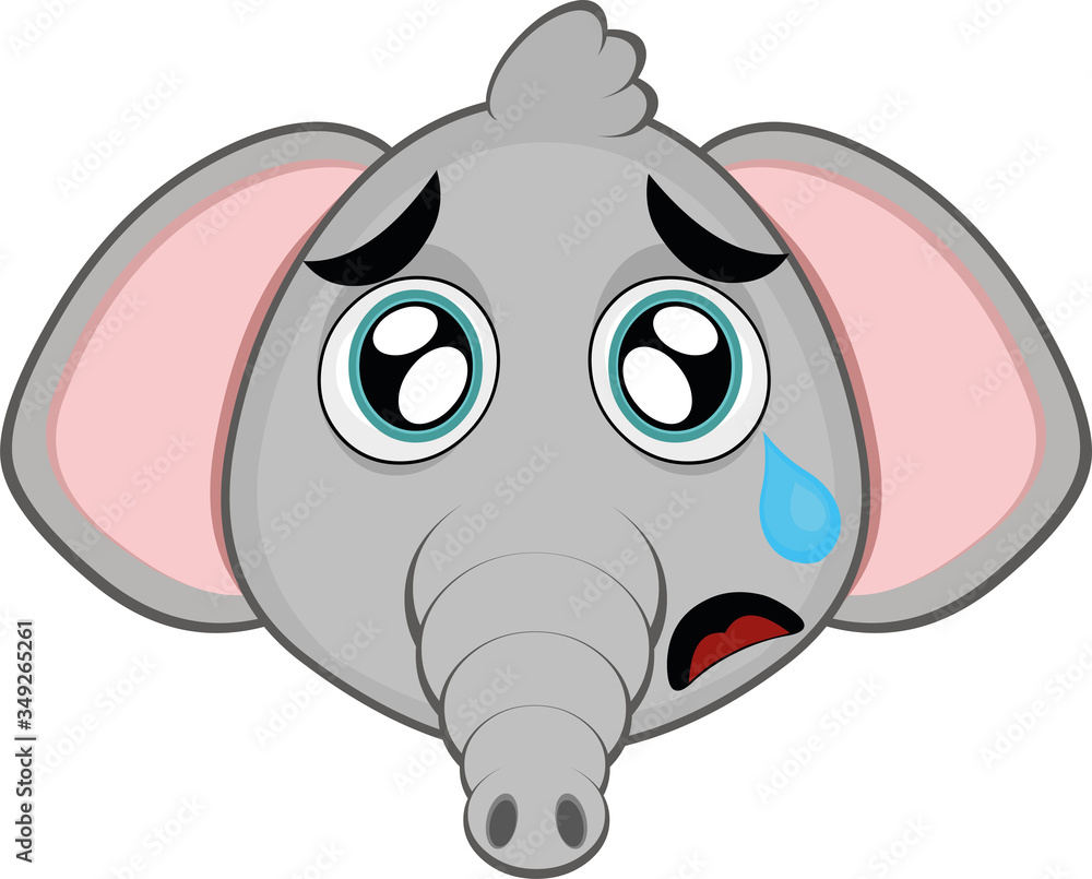 Vector illustration of the face of a cute cartoon elephant with a sad ...