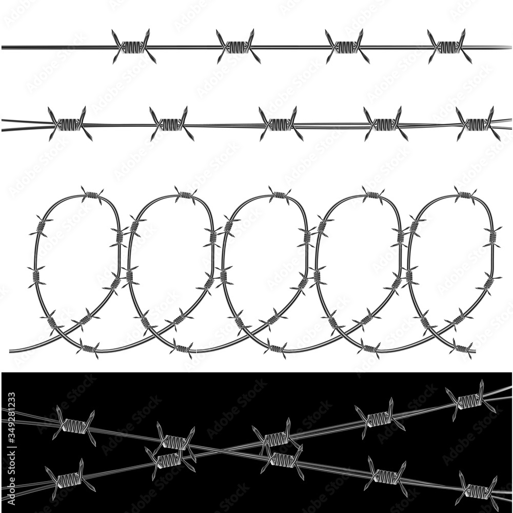 barbed metal wire of various shapes. Three types of spirals for the ...