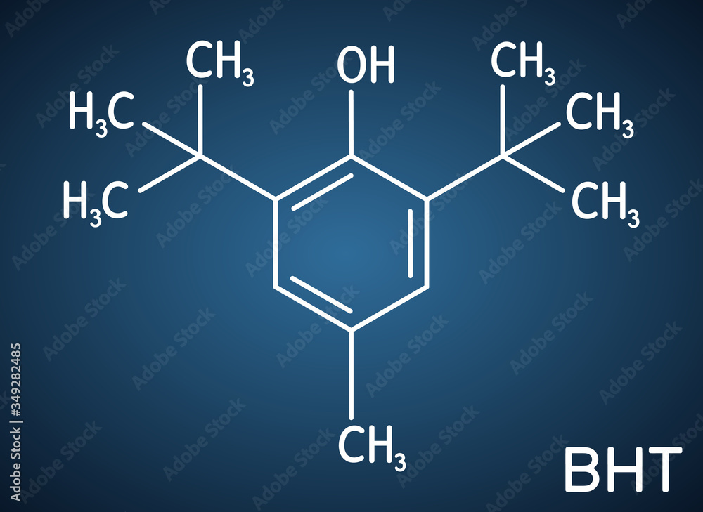 Butylated hydroxytoluene, BHT, dibutylhydroxytoluene molecule. It is ...