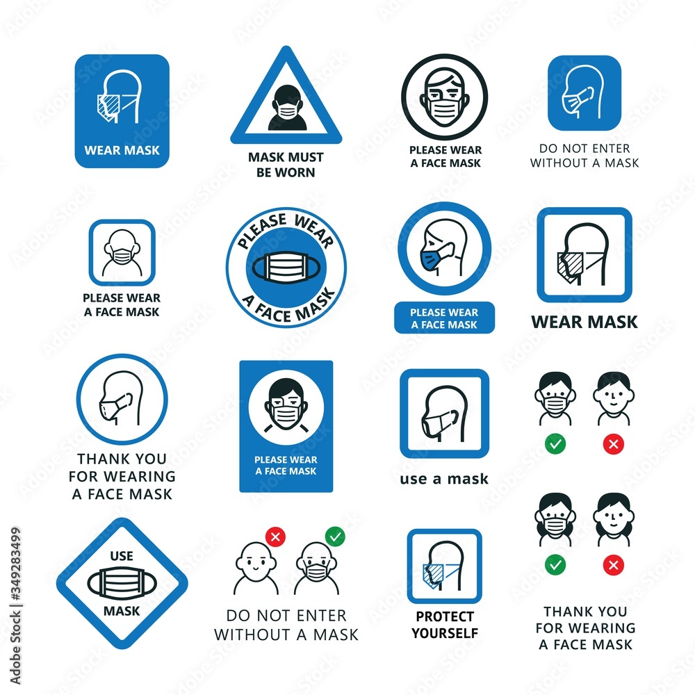 Warning signs to wear a face shield, mask. A large set of icons of ...