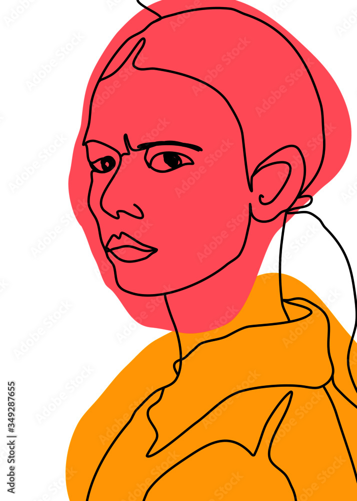 One continuous line drawing, The woman turned sideways with a serious ...