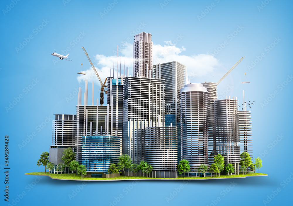 line from skyscrapers in building process. City skyline. 3d ...