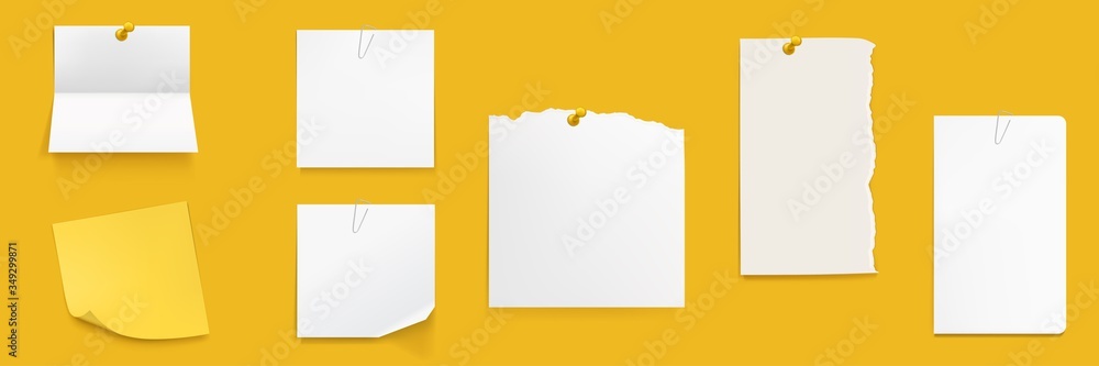 Paper notes set, white notebook sheets pinned on wall, blank folded and ...