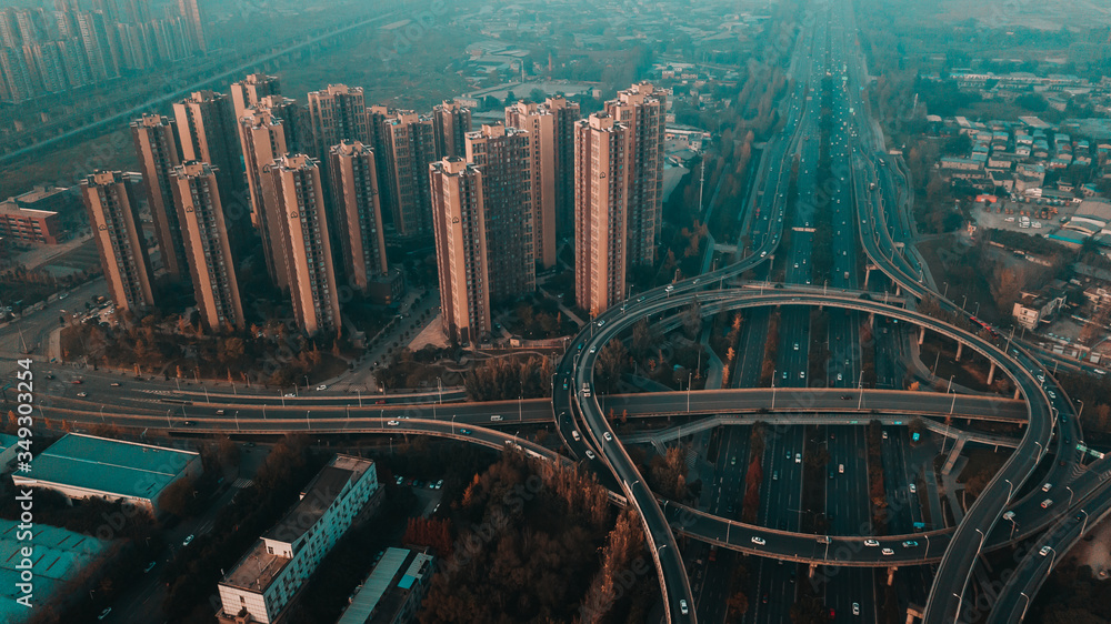 Huge leveled up elevated road traffic junction next to the tall ...