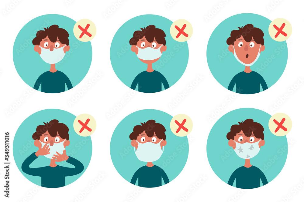 Set of infographic elements. Incorrect wearing of the face mask. Funny ...