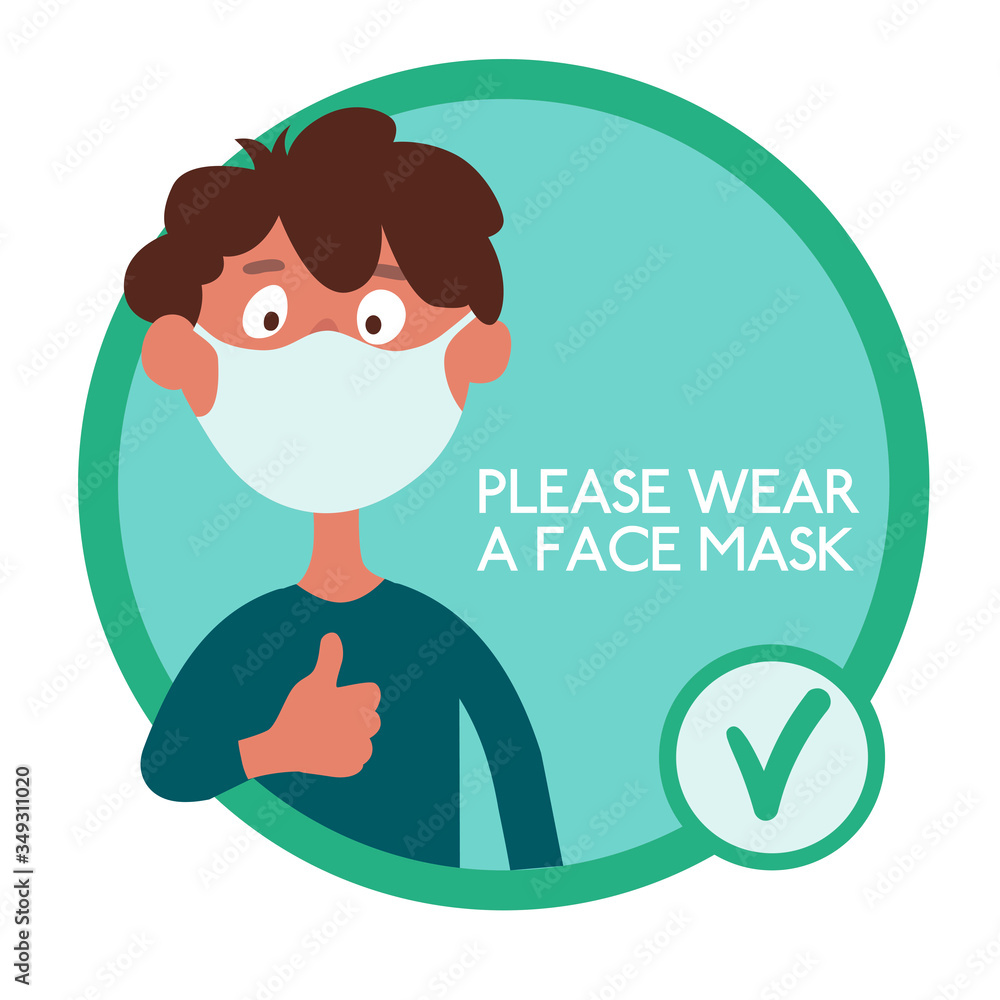 Wear a face mask Sign. Funny cartoon boy in a medical mask. Vector ...