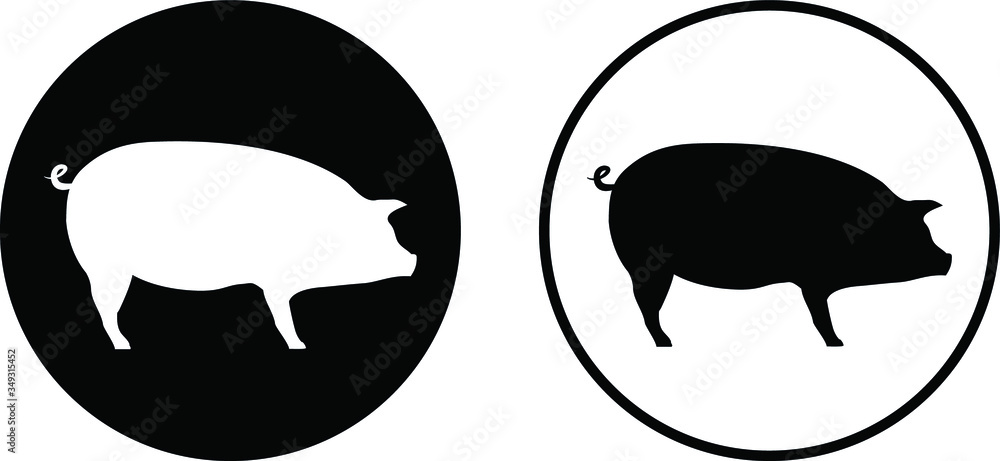 Set of vector icons of a pig. Sign for the pig farm. Vector black and ...