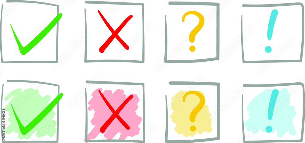 Vetor de Hand drawn check box. Set of color check marks. Attention mark ...