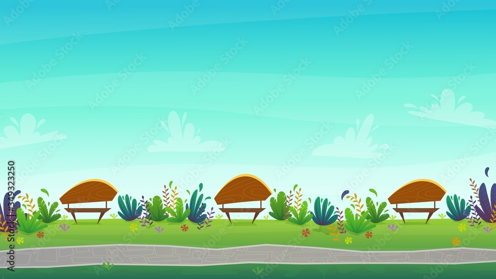 Walk along the road in the park. walking path, bench and green grass ...