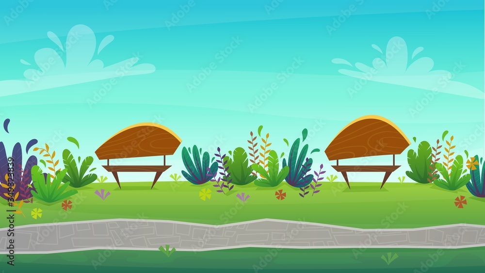 Walk along the road in the park. walking path, bench and green grass ...