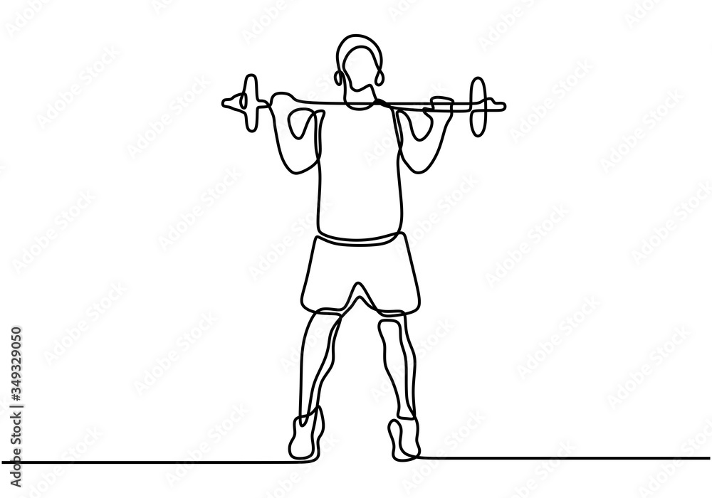 One line drawing or continuous line art of a strong athletic guy lifting weights and bodybuilder ...