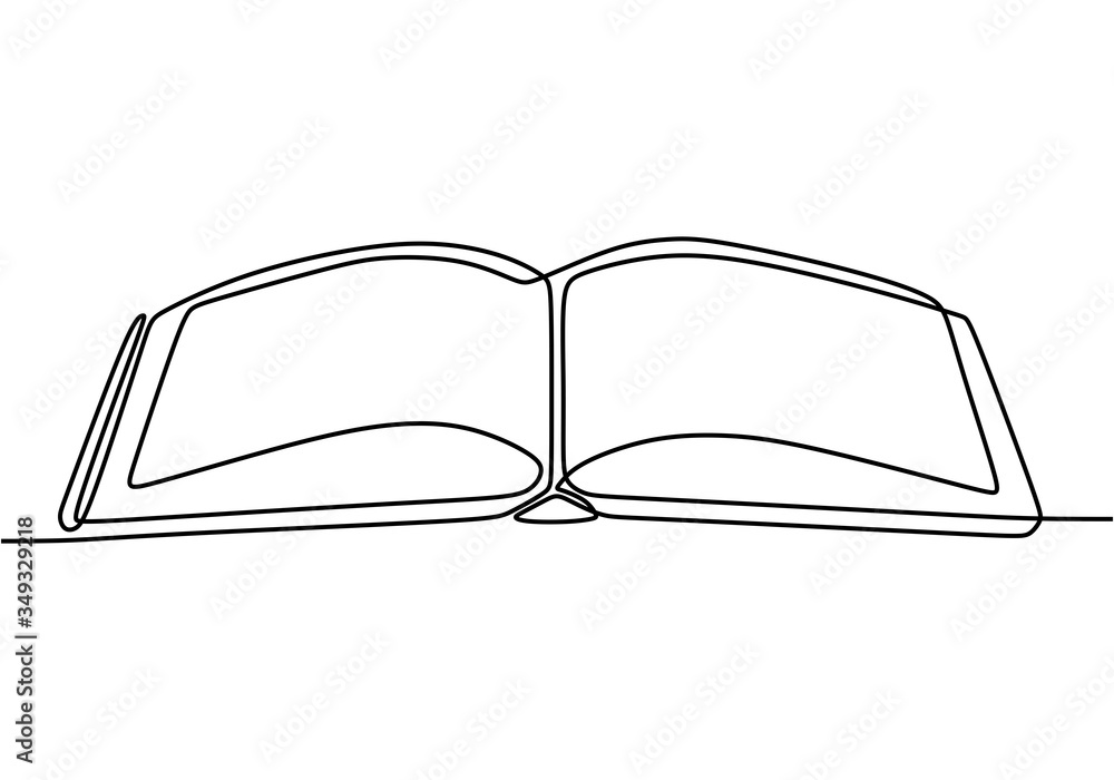 Book one line drawing banner. Open book and ready to read. Book on the ...