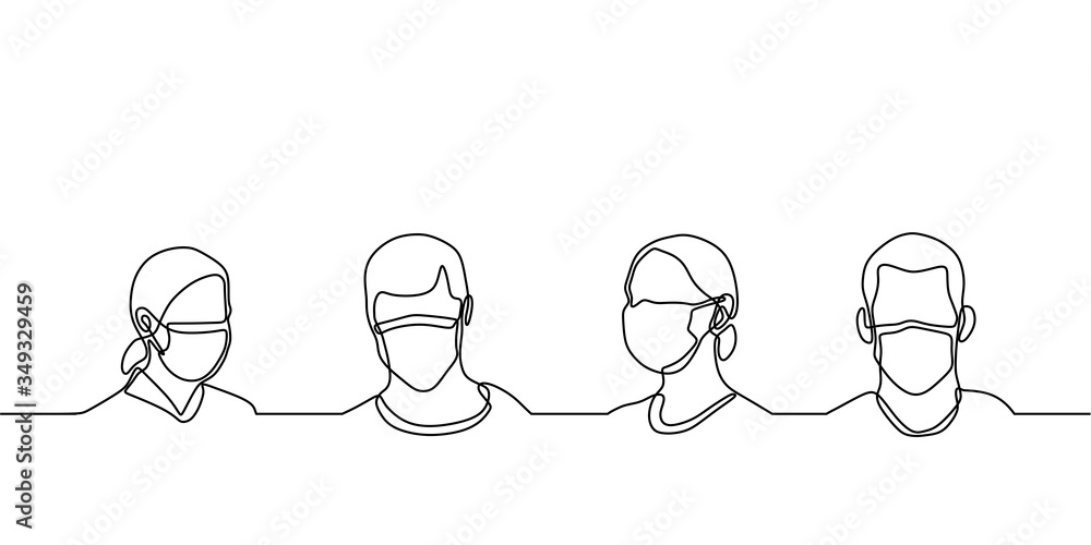 Stockvector One line drawing of man and woman wearing medical masks to ...