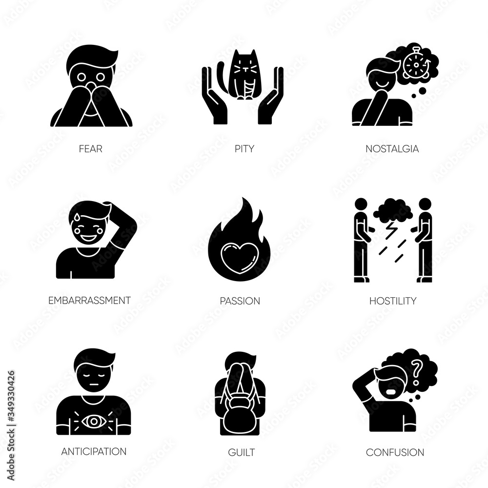 Emotion black glyph icons set on white space. Fear from phobia. Human ...
