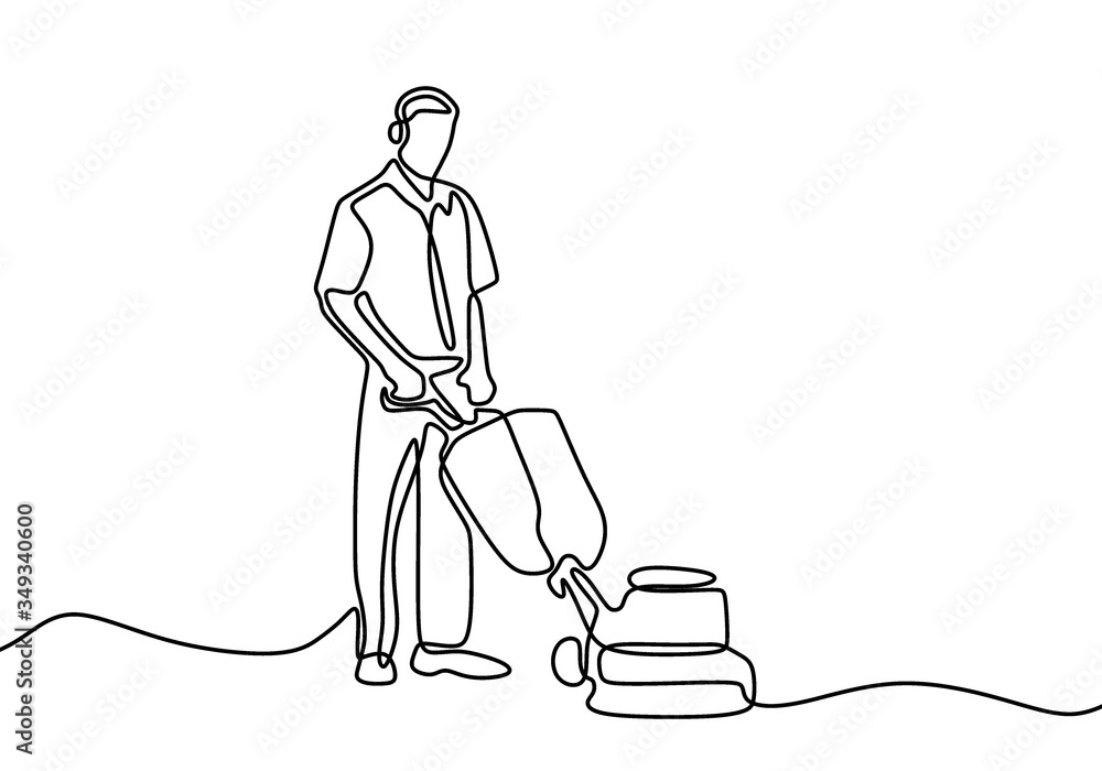 Continuous line drawing of male cleaner washes the floor. Janitor man ...