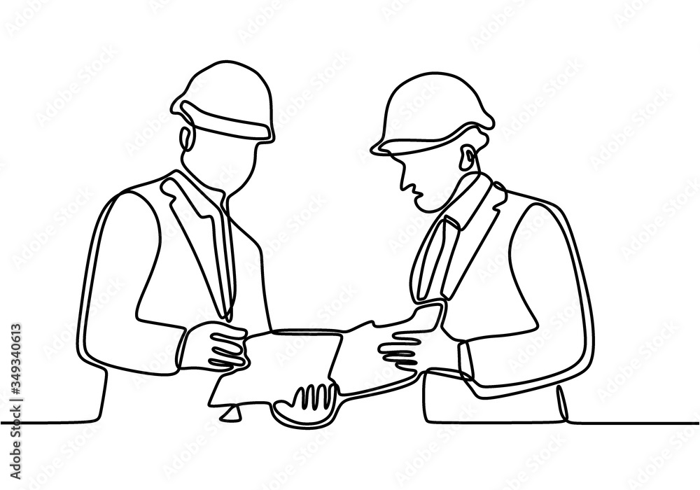 Single continuous line drawing of young architect and foreman ...