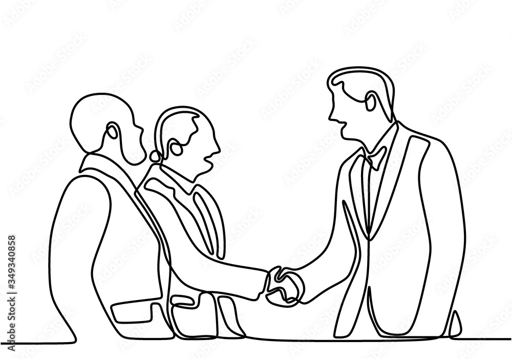 Continuous line drawing of young businessman handshake his partner ...